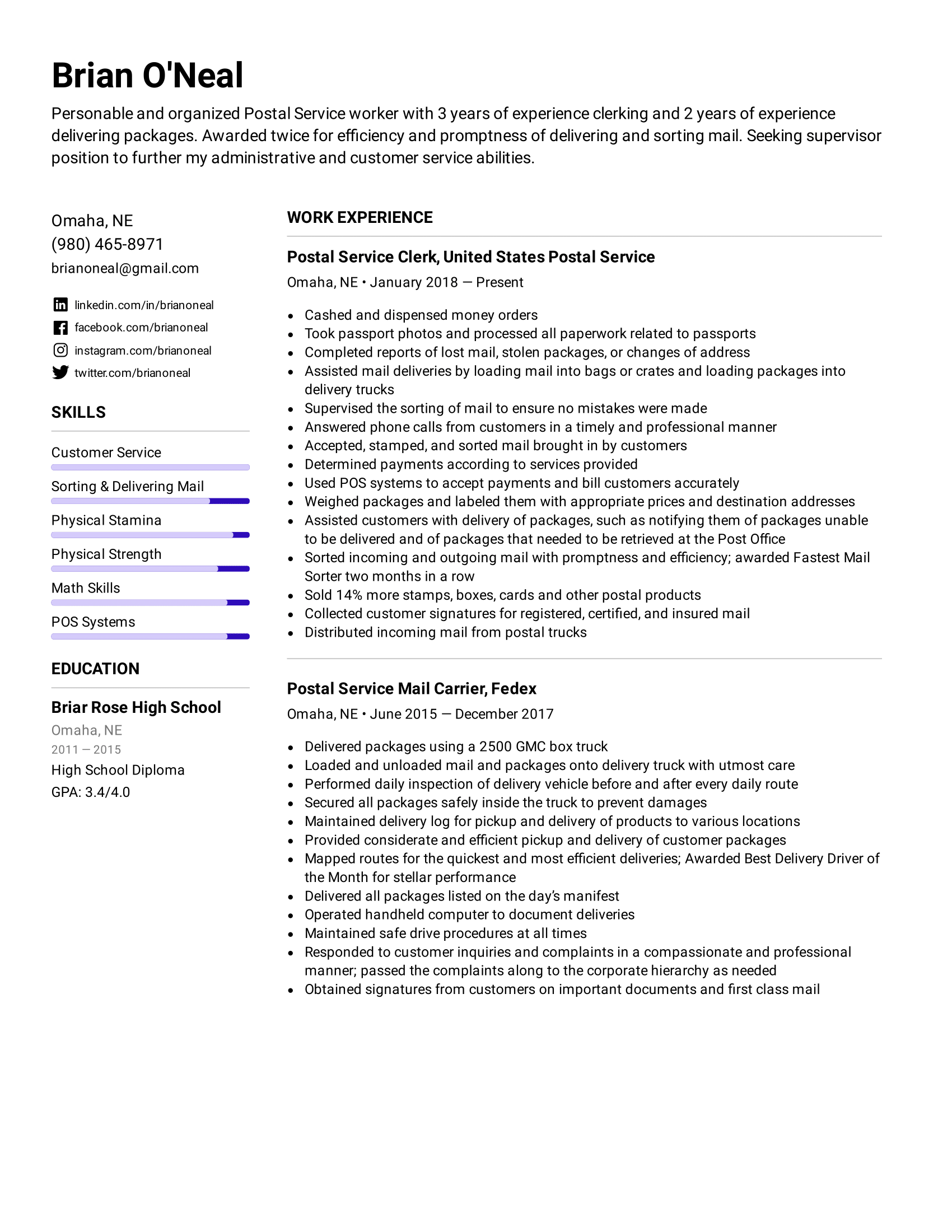 Qualifications Examples For Mail Carrier